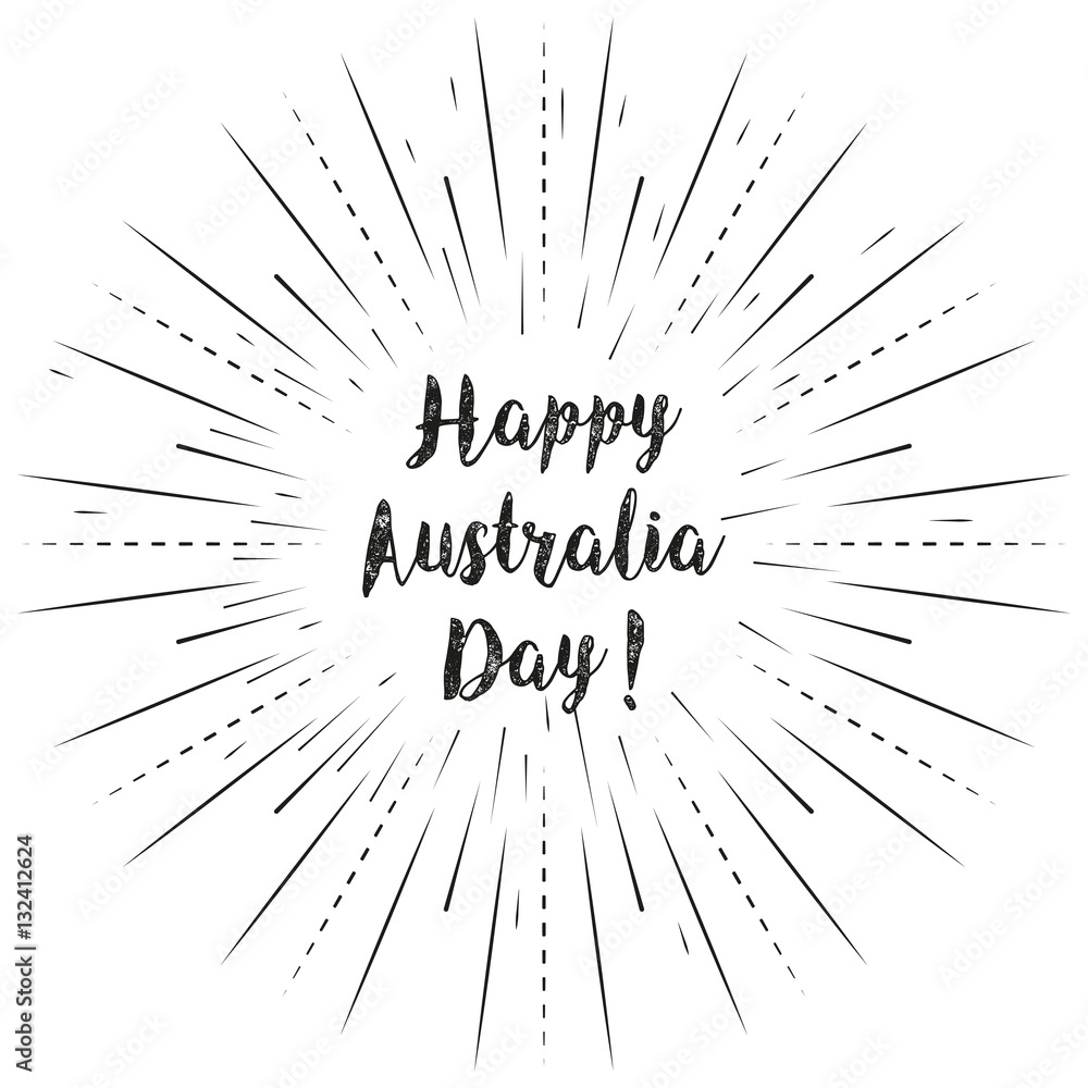 Happy Australia Day text with sun rays linear background. Vector card ...