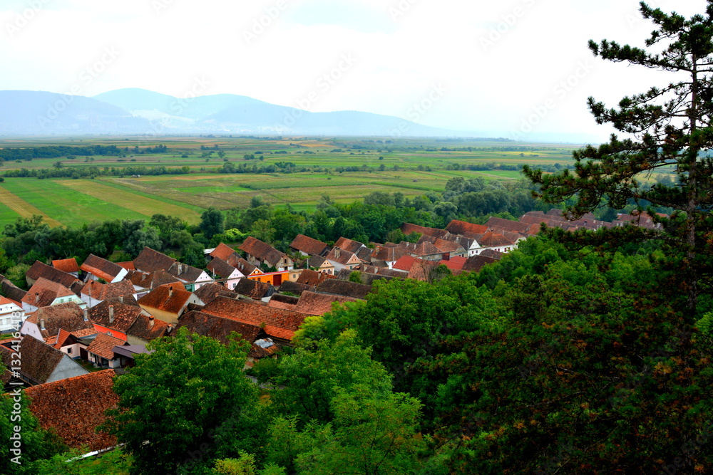 Aerial view of the village Ungra, Transylvania.Here there is a medieval ...