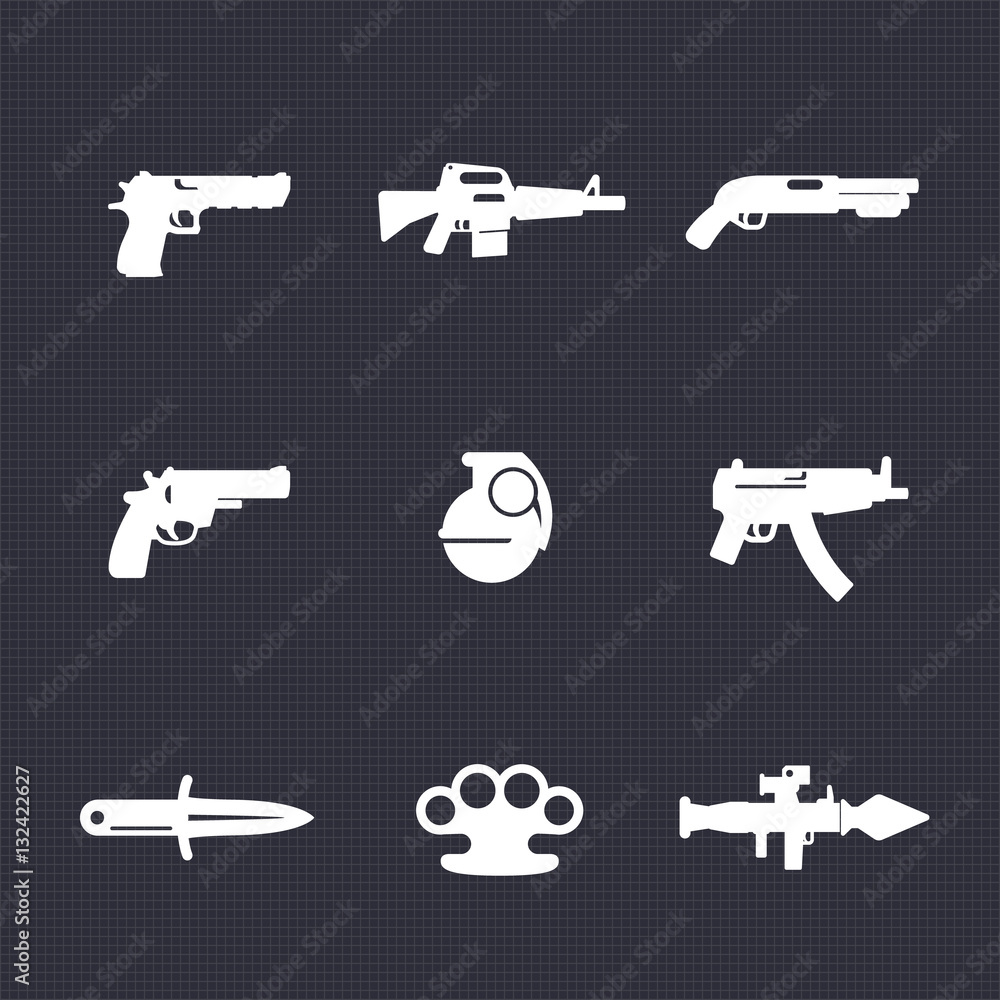 weapons icons set, pistol, assault rifle, revolver, shotgun, grenade ...