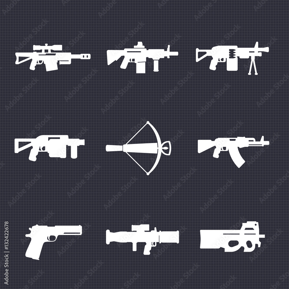 weapons, firearms icons set, automatic guns, sniper and assault rifles ...