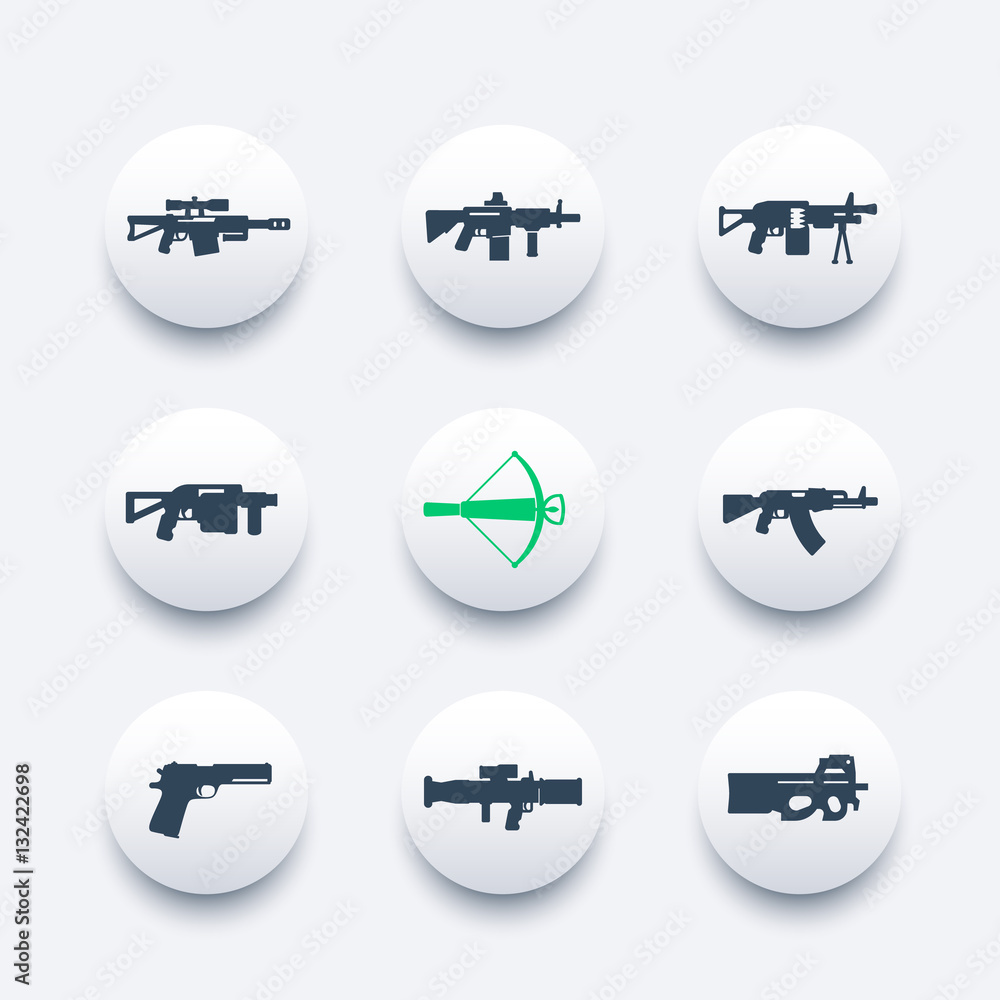 weapons, firearms icons set, sniper and assault rifles, machine gun ...