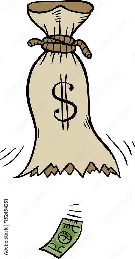 A cartoon dollar bill floats down from a money bag that has been ripped ...