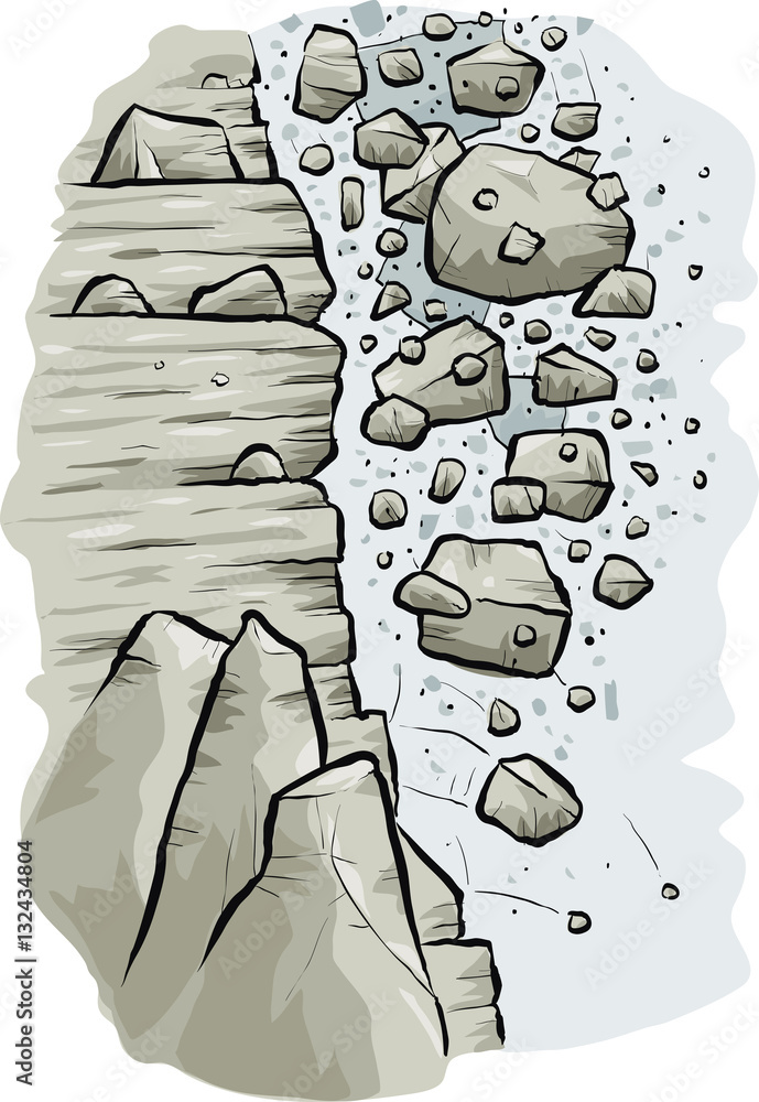 Cartoon rocks tumble over a cliff during an avalanche. Stock Vector ...