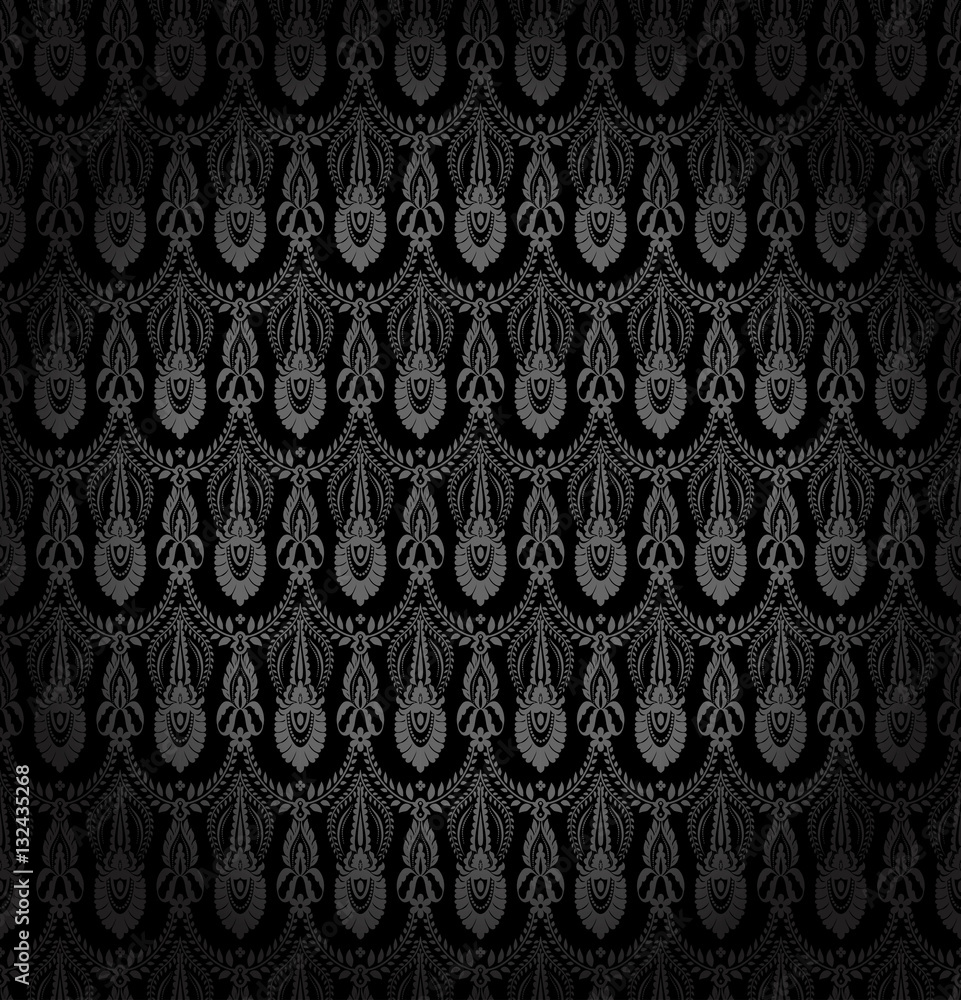 Black damask vintage floral pattern, vector illustration. Stock Vector ...