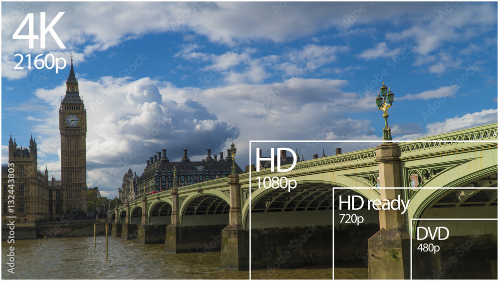 4K resolution display with comparison of resolutions. London, UK Stock ...