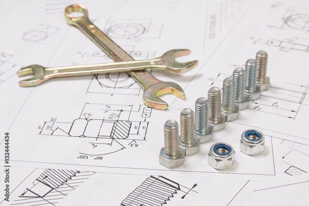 Technical drawings of bolts and nuts. Engineering, technology and ...