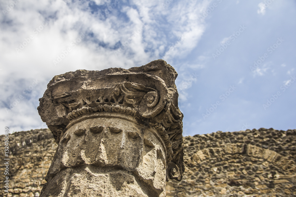 Ancient column, Corinthian order in Pompeii city destroyed in 79BC by ...