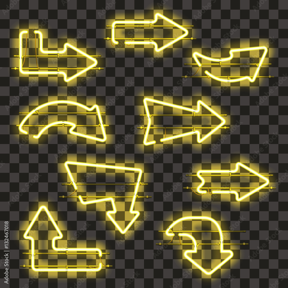 Set of glowing yellow neon arrows isolated on transparent background ...