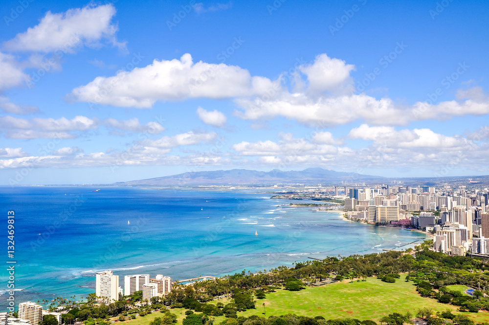 Panorama view of Honolulu and Waikiki Beach seen from Diamond Head ...