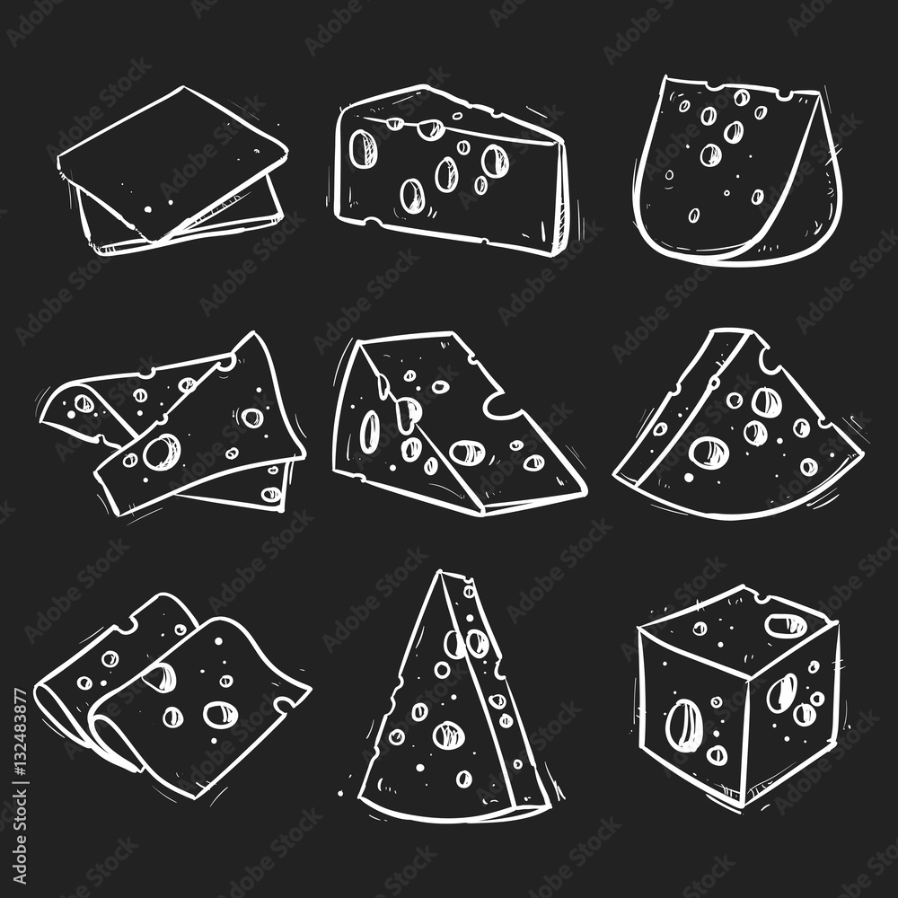 Cheese isolated on a black background, Hand drawn cheese vector ...