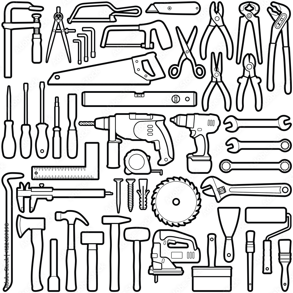 Construction tool collection - outline illustration Stock Illustration ...