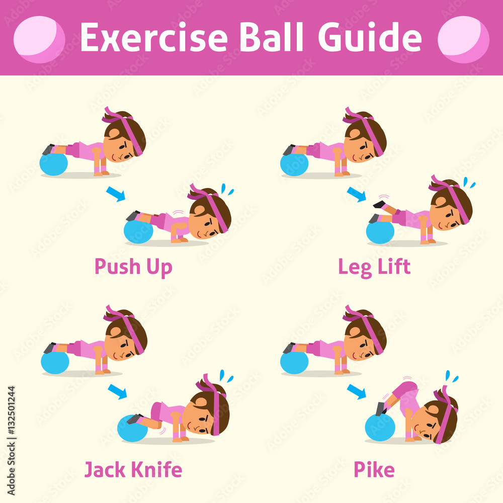 Cartoon set of a woman doing exercise ball step for health and fitness ...