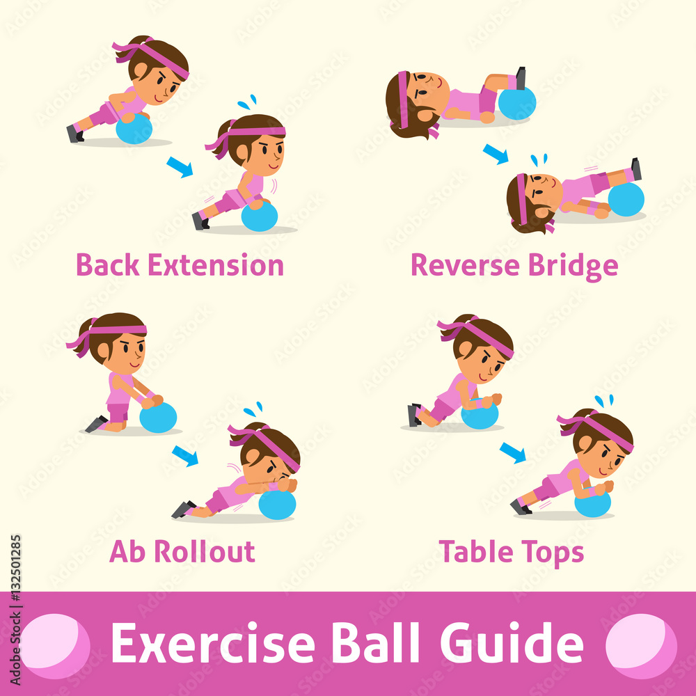 Cartoon set of a woman doing exercise ball step for health Stock Vector ...