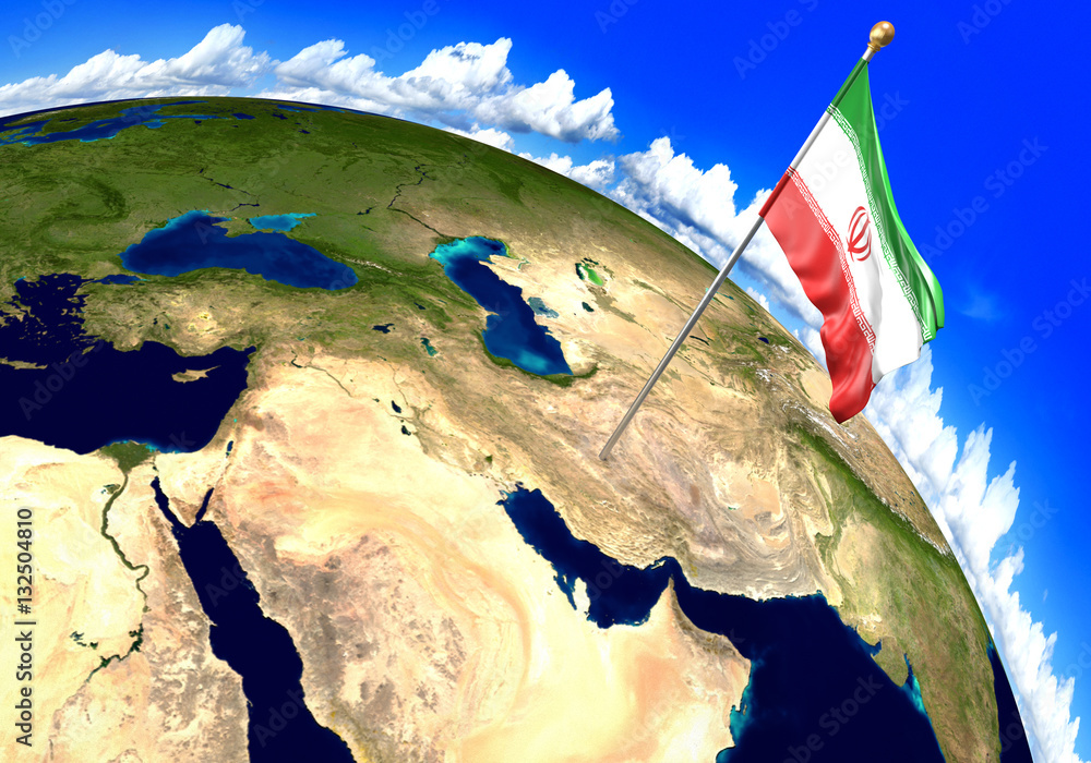 Iran national flag marking the country location on world map. 3D ...