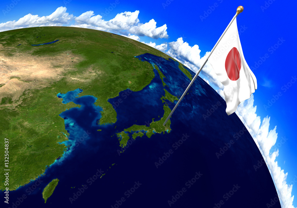 Japan national flag marking the country location on world map. 3D ...