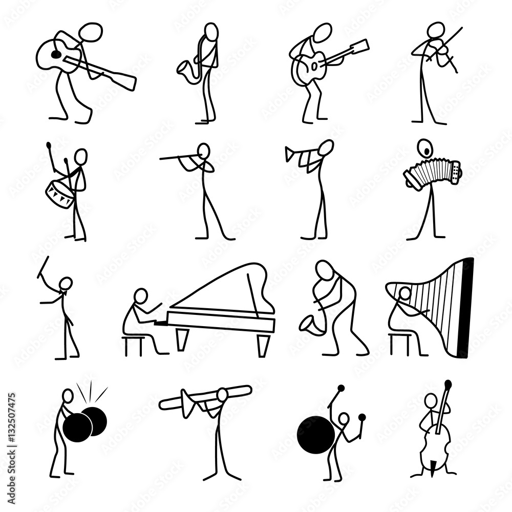 Cartoon icons set of sketch stick musician figures in cute miniature ...