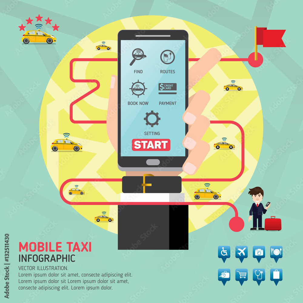 Public taxi service application. Mobile Taxi business service icons ...