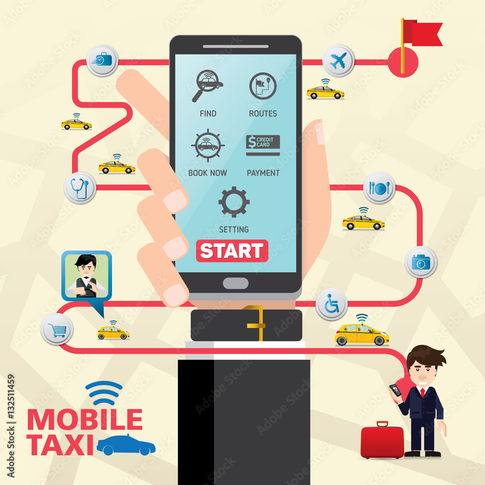Public taxi service application. Mobile Taxi business service icons ...