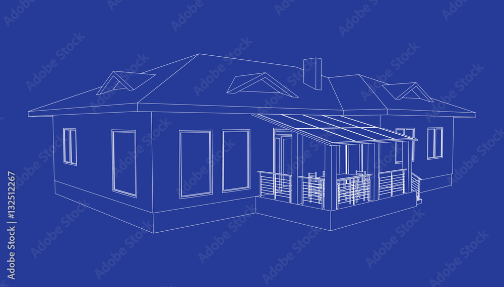Building perspective 3D. Drawing of the suburban house. Outlines ...