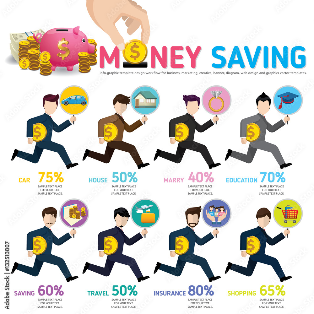 Money saving planning infographics template. Golden coins putting into ...