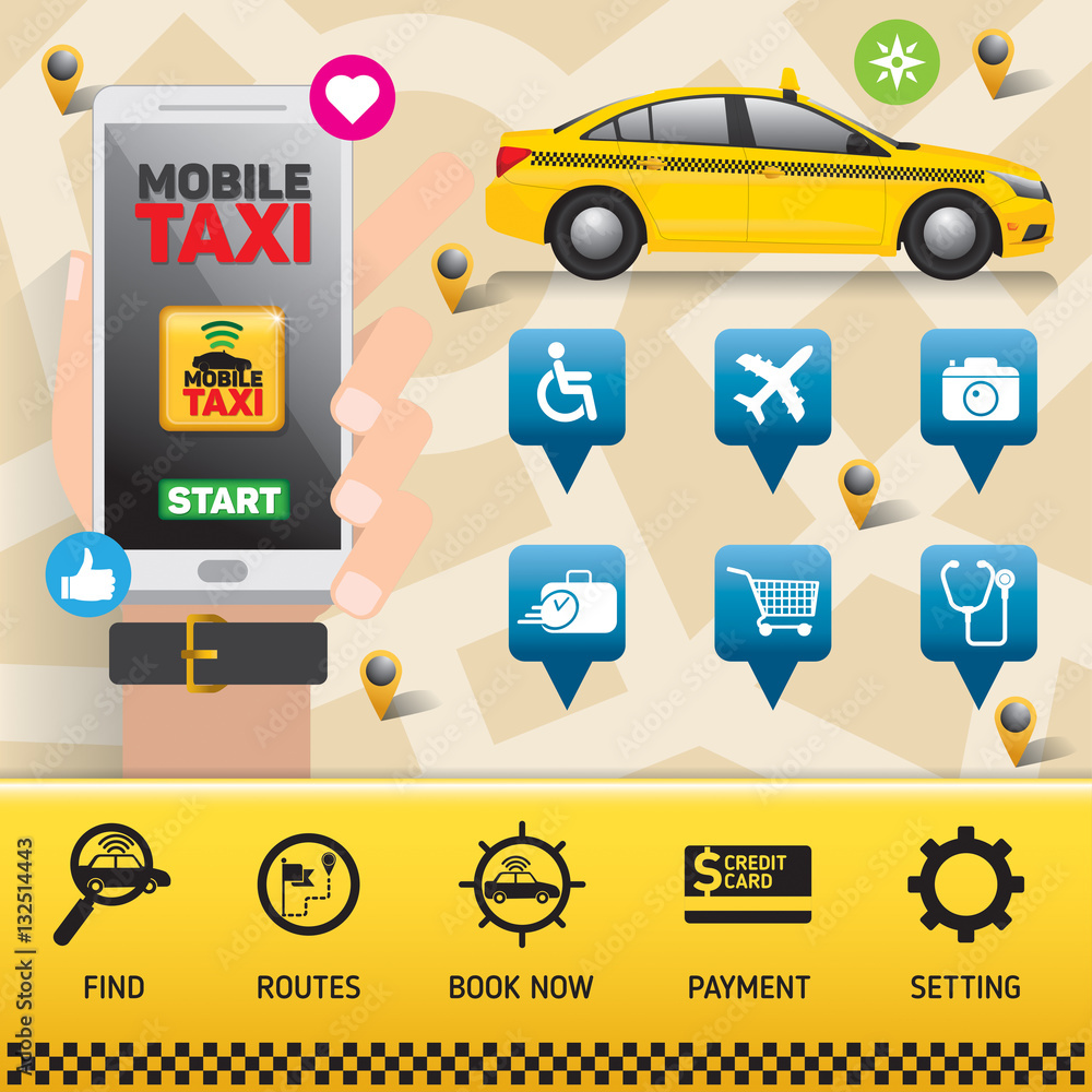 Public taxi service application. Mobile Taxi business service icons ...