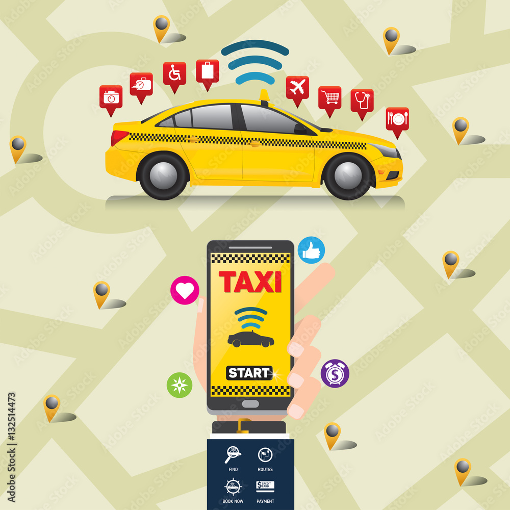 Public taxi service application. Mobile Taxi business service icons ...