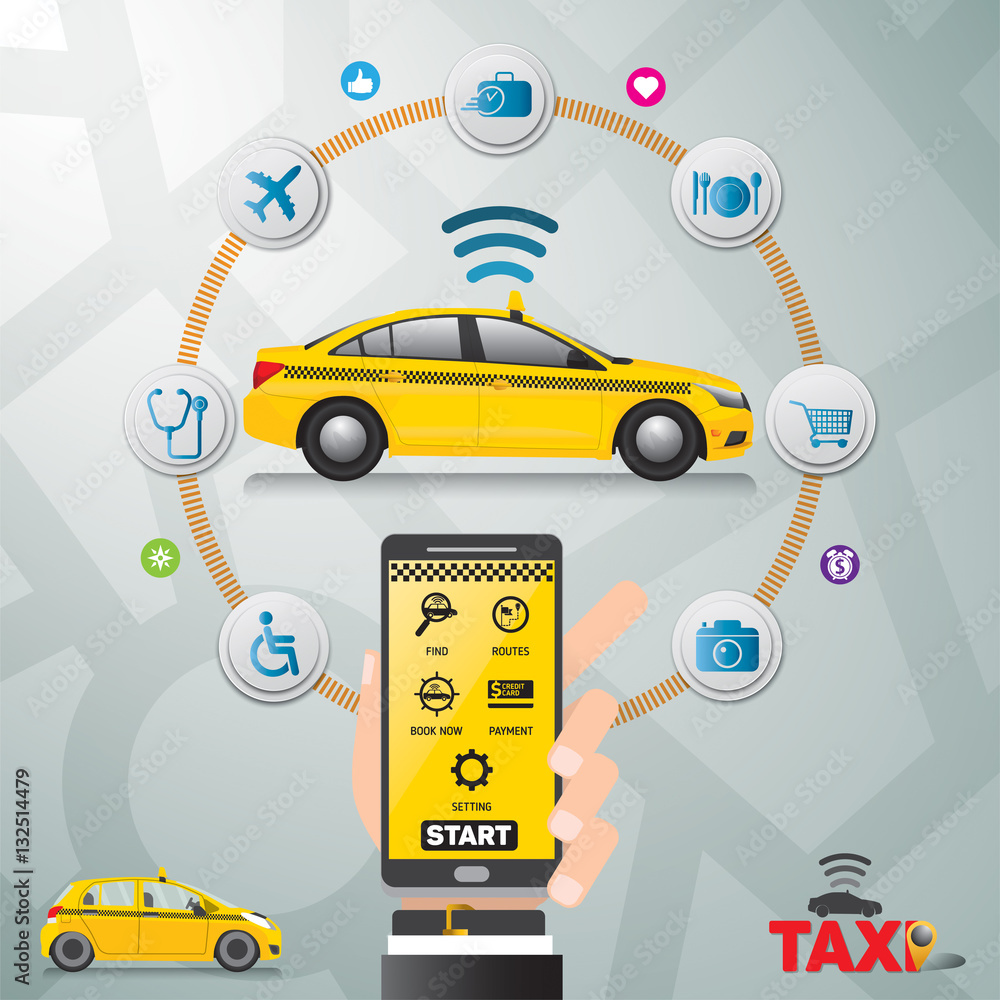 Public taxi service application. Mobile Taxi business service icons ...