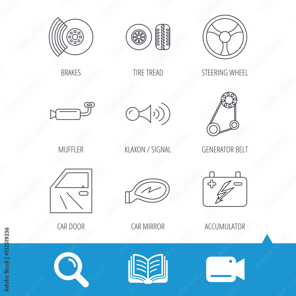 Accumulator, brakes and steering wheel icons. Generator belt, klaxon ...