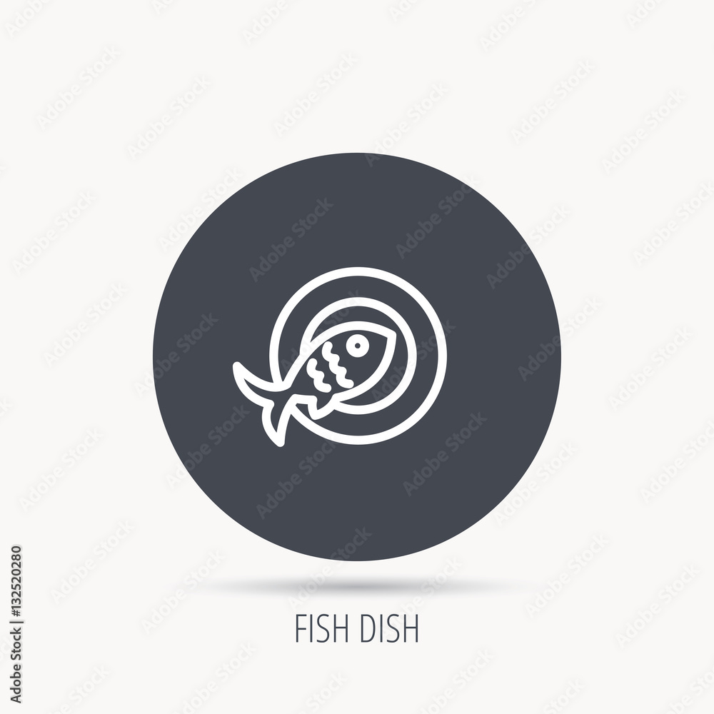 Fish dish icon. Natural seafood symbol. Round web button with flat icon ...