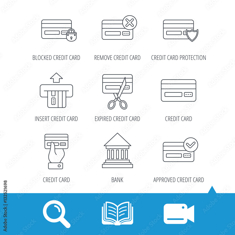 Bank credit card icons. Banking, blocked and expired debit card linear ...