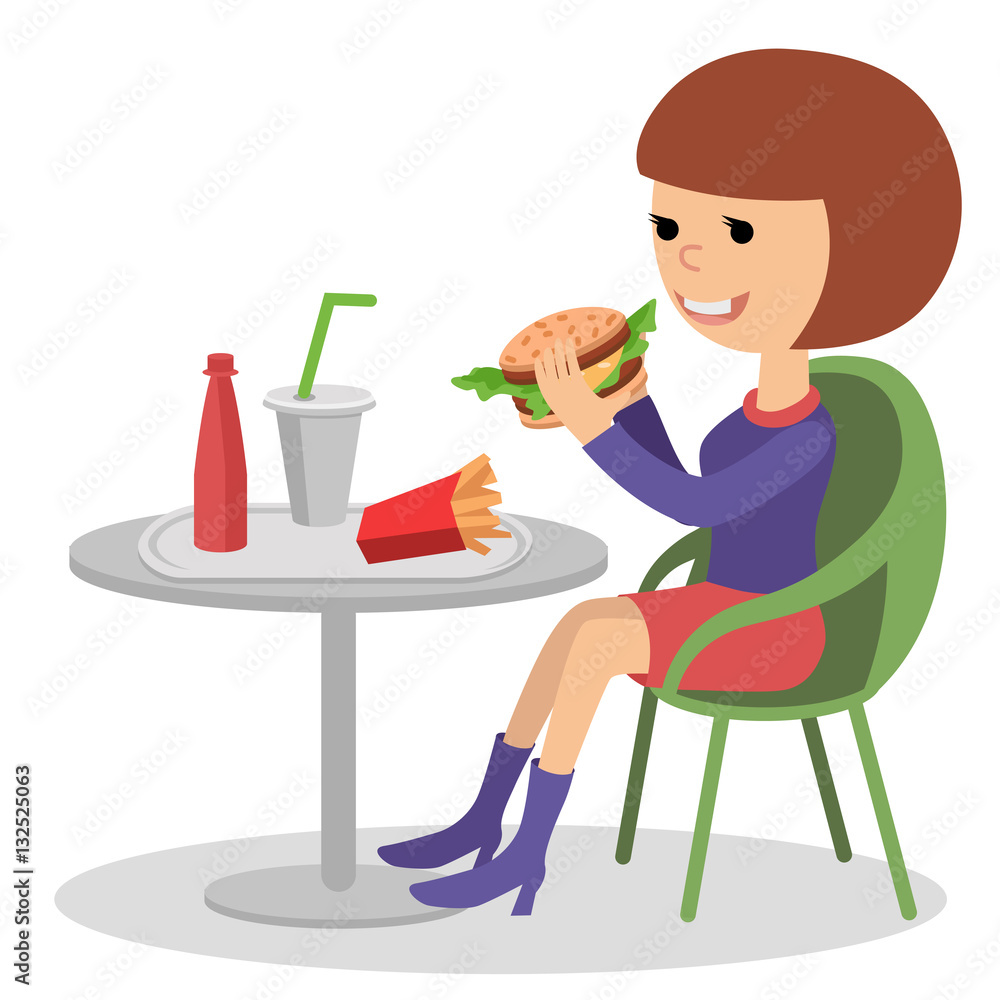 Girl eating fast food. Vector illustration of a people with sandwich ...