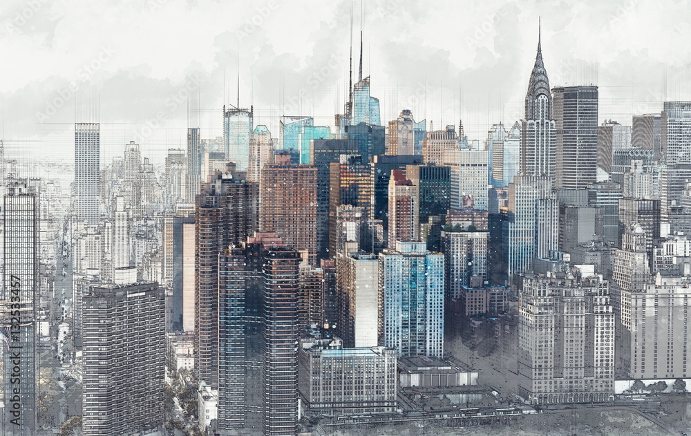 Sketch of the Manhattan skyline cityscape Stock Illustration | Adobe Stock