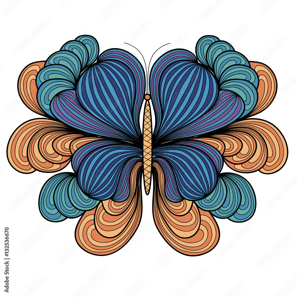 Hand-drawn butterfly in doodle art style. Colorful decoration for cards ...