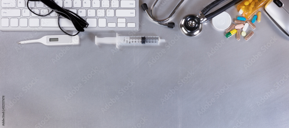 Stainless steel desktop with medical doctor equipment Stock Photo ...