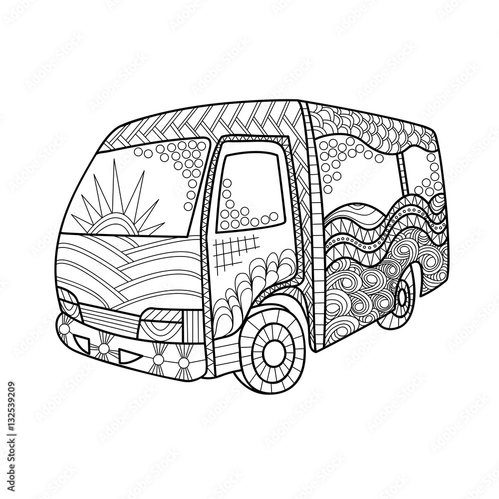 Hand-drawn bus in doodle art style. Hippie vintage minivan.Black and ...