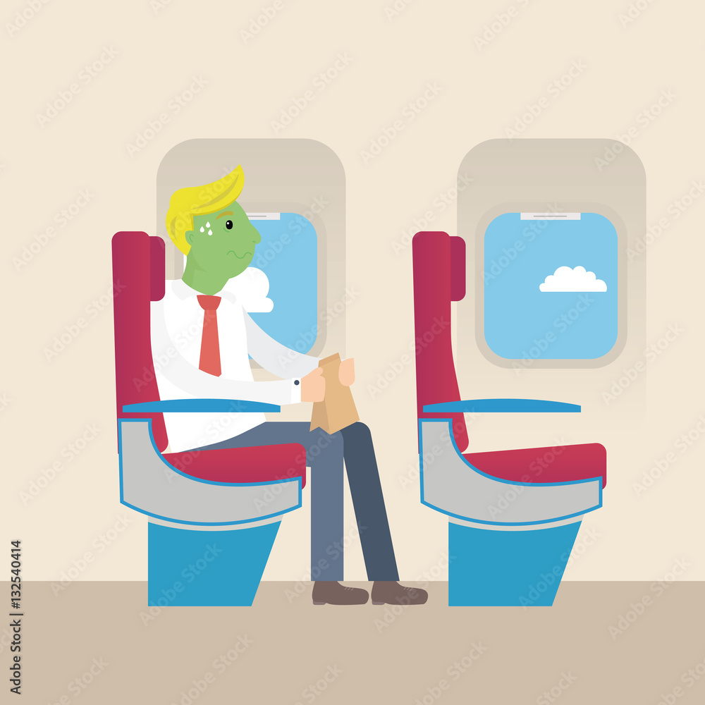 Businessman with green face frightened by flight. Aerophobia concept ...