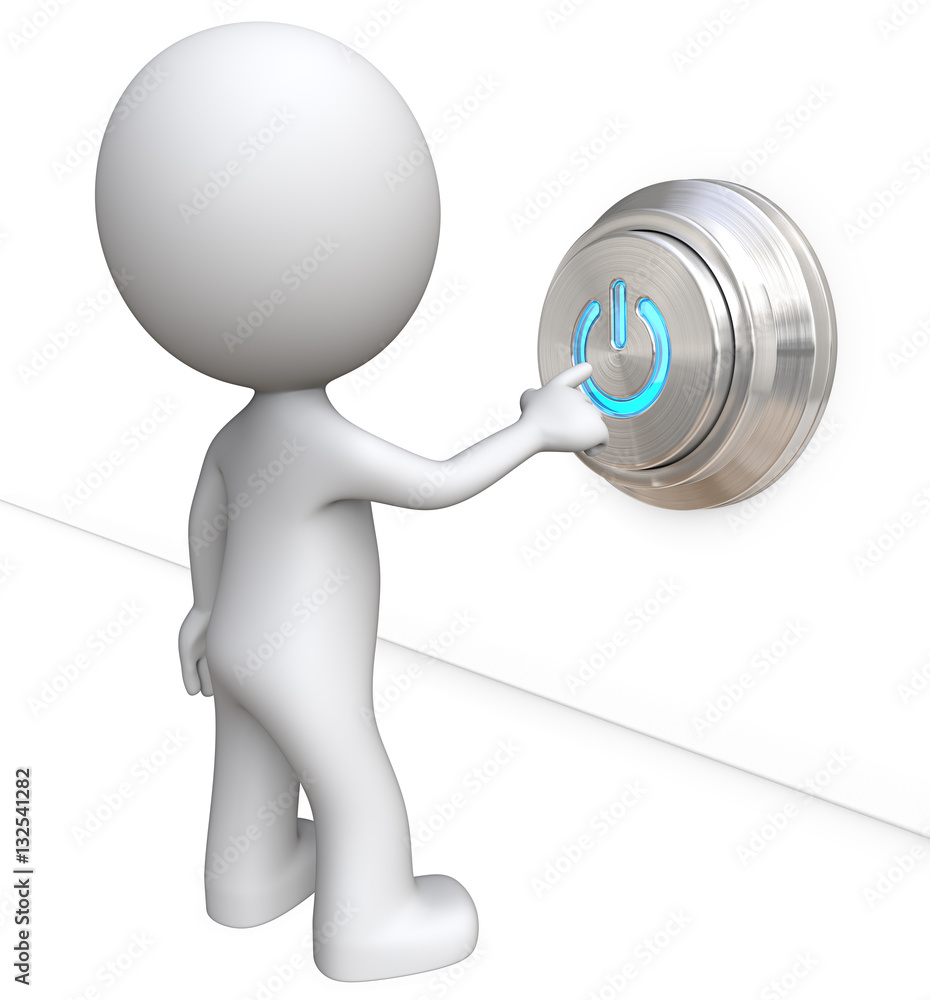 Power Button. Dude 3D character pushing large Power Button on Wall ...