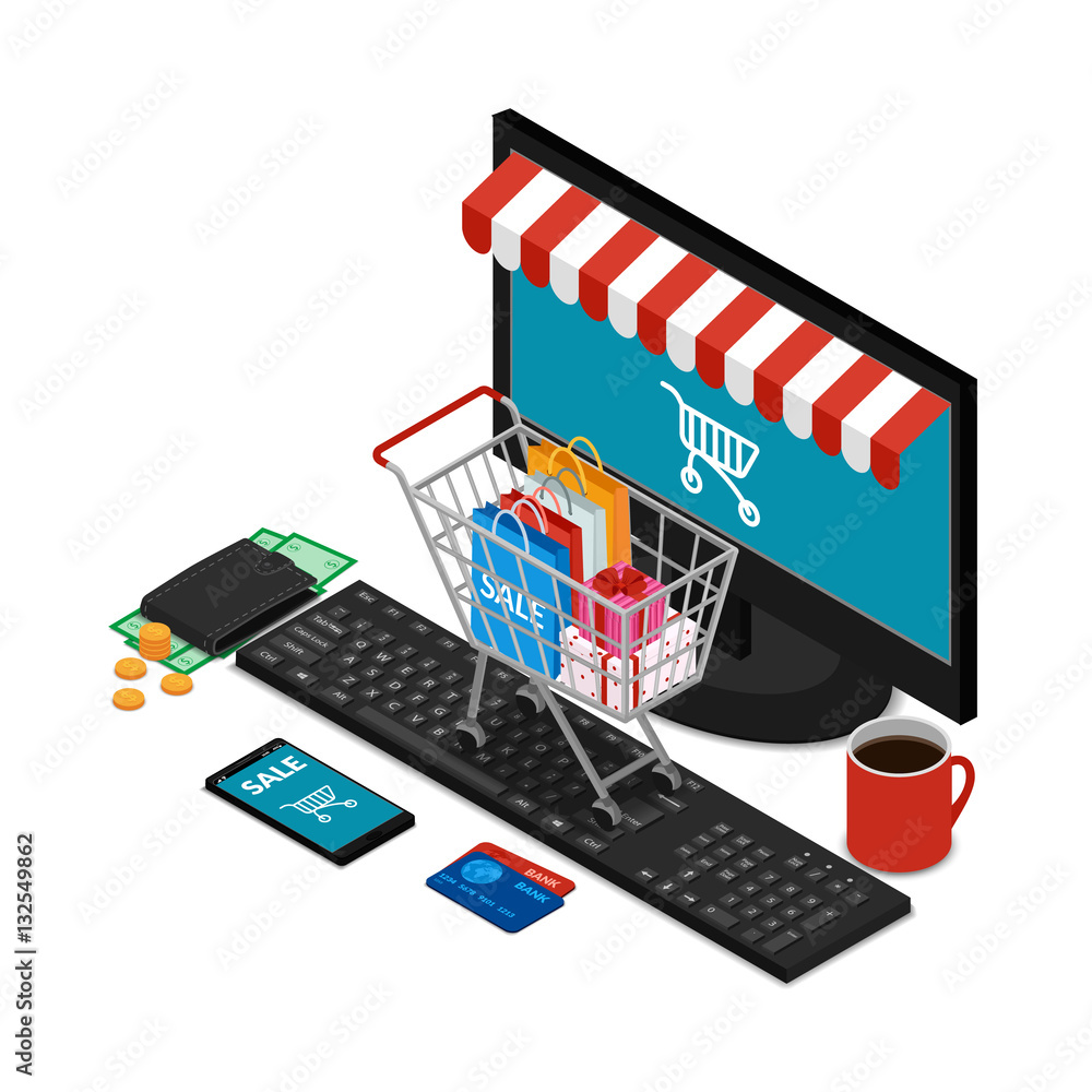 Vector illustration. Basket with shopping bags and boxes with gifts on ...