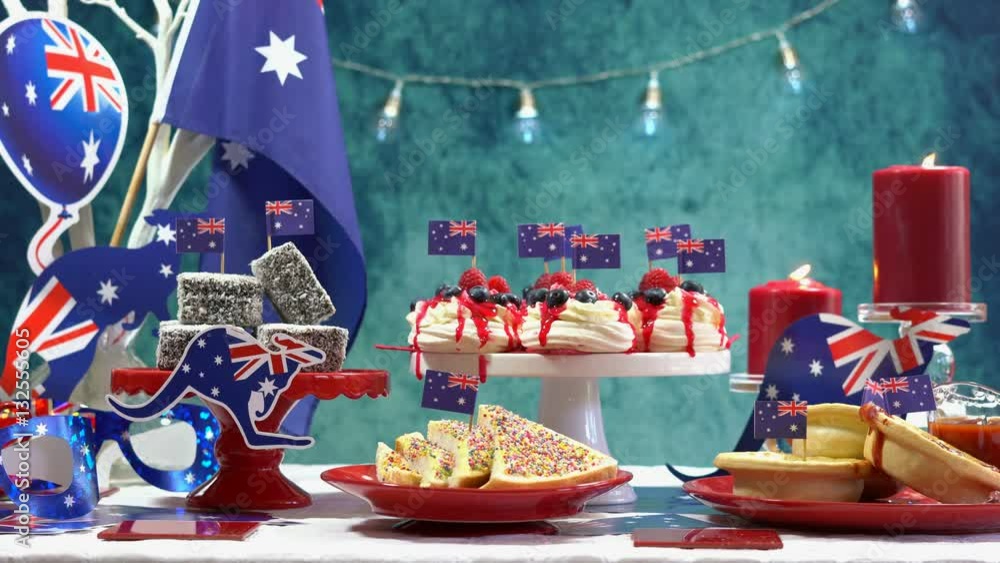 Australian theme party table with flags and iconic food including mini ...
