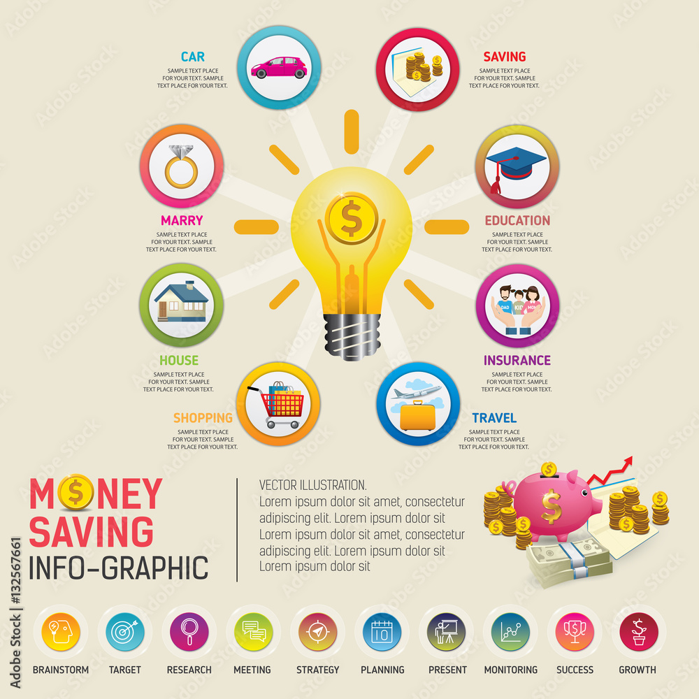 Money saving planning info-graphics conceptual. Golden coins putting ...