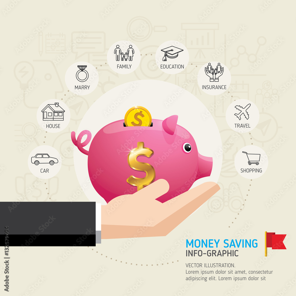 Money saving planning info graphics template. Golden coins putting into ...