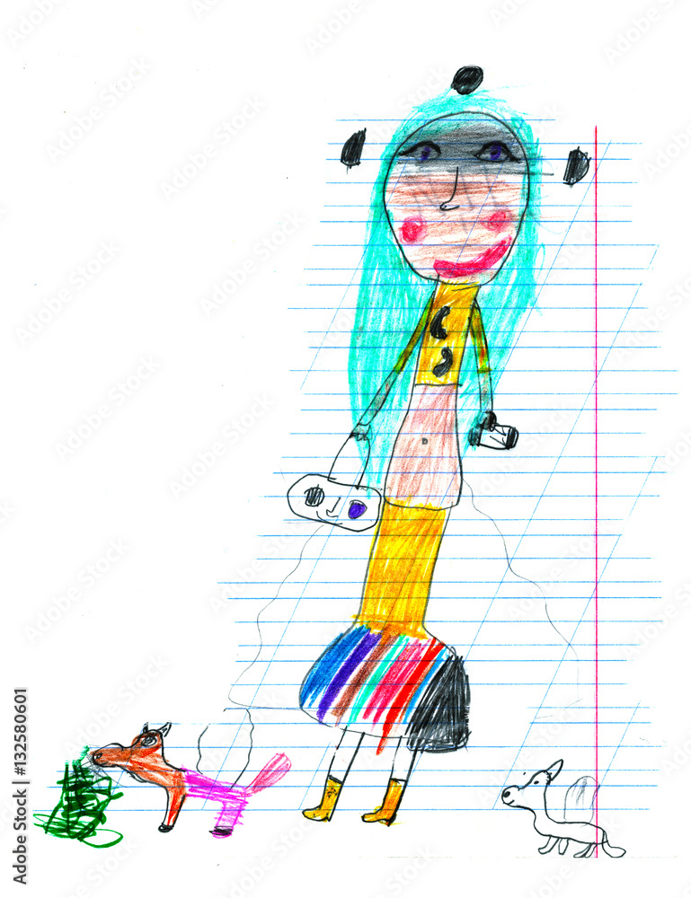 Child's drawing of a Mom with dog and Princess. colored pencils Stock ...