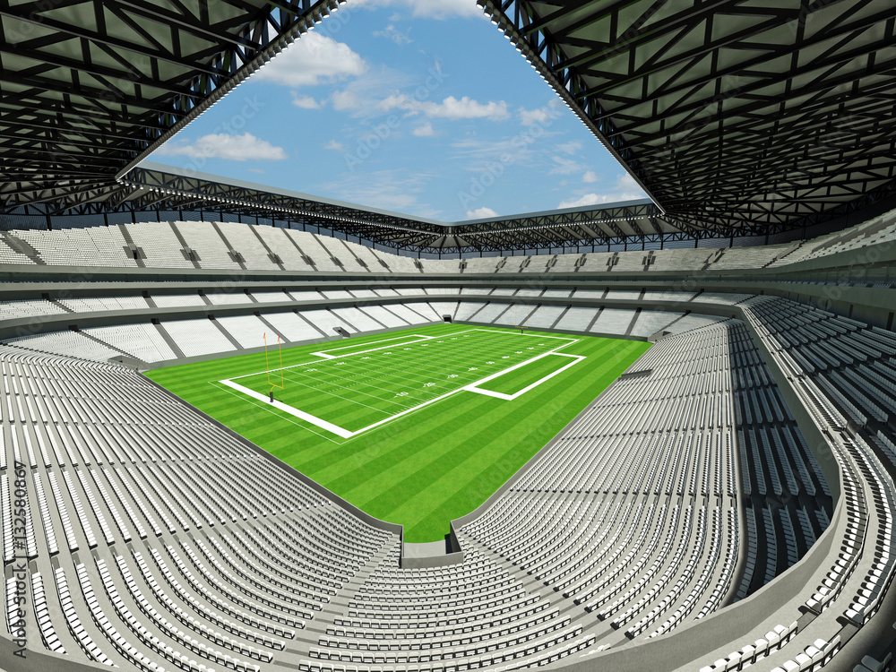 3D render of large football stadium with white seats and VIP boxes ...