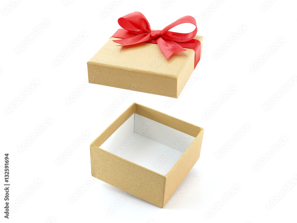 single open empty beige gold gift box with red ribbon bow (lid is ...