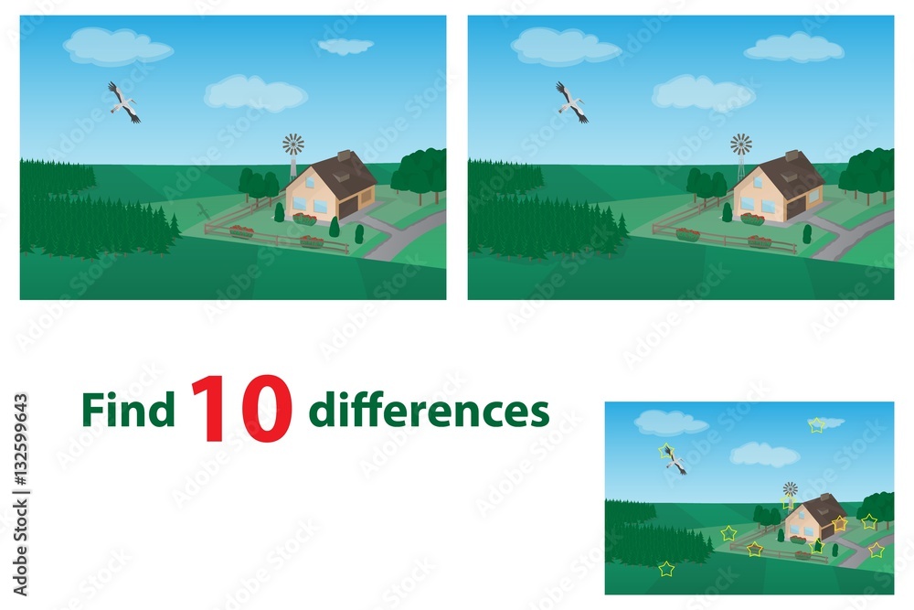 Find 10 differences. Education game for children - Rural landscape ...