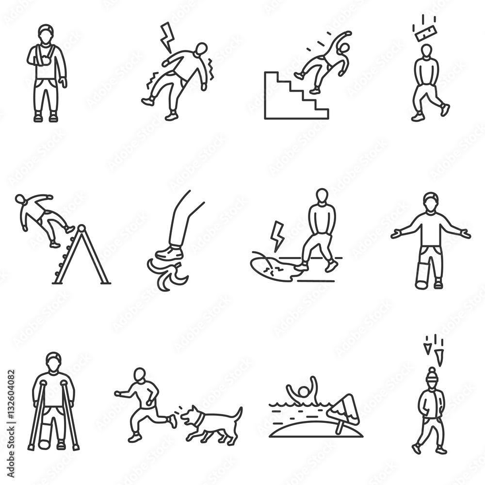 Accident icons set. Cases of physical injury, thin line design. The ...