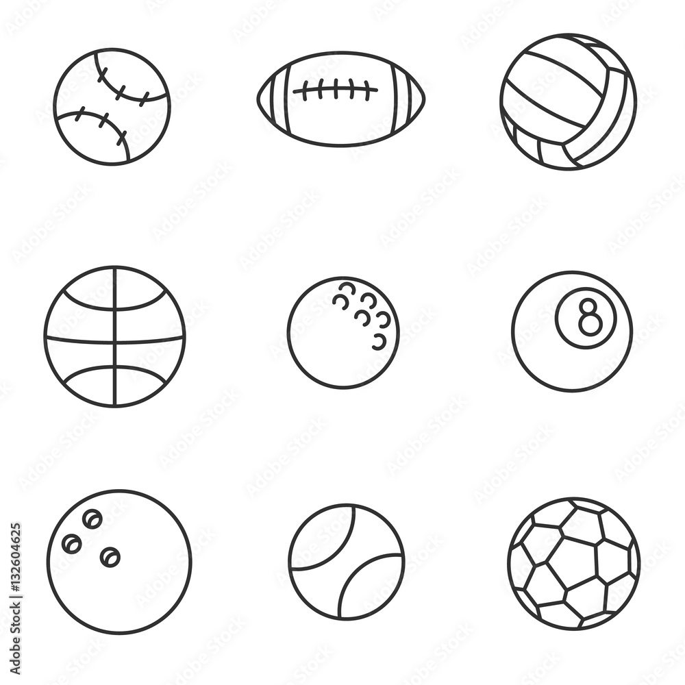 sport balls icons set. Balls for playing, thin line design. Ball games ...