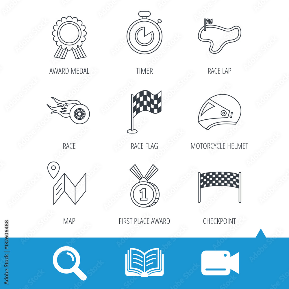 Race flag and speed icons. Winner medal, motorcycle helmet and timer ...
