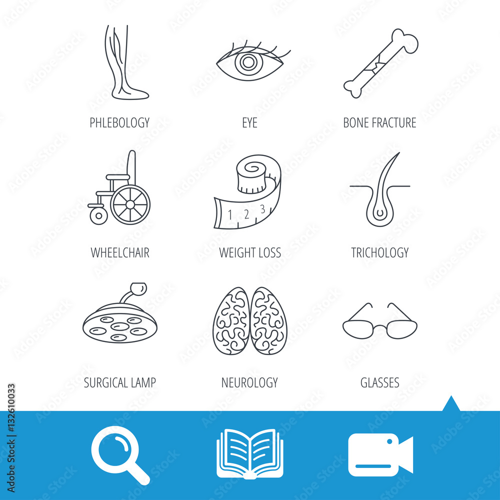 Vein varicose, neurology and trichology icons. Surgical lamp, glasses ...