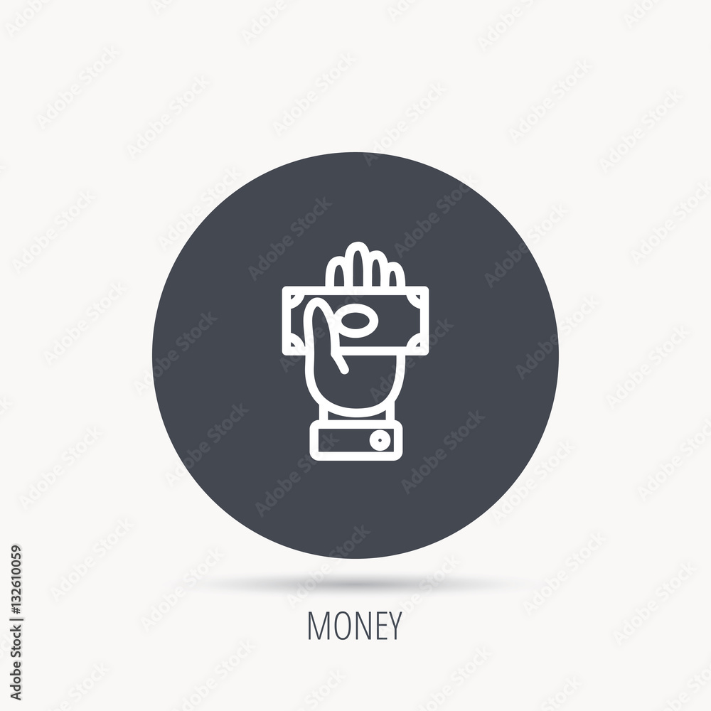 Money icon. Cash in giving hand sign. Payment symbol. Round web button ...